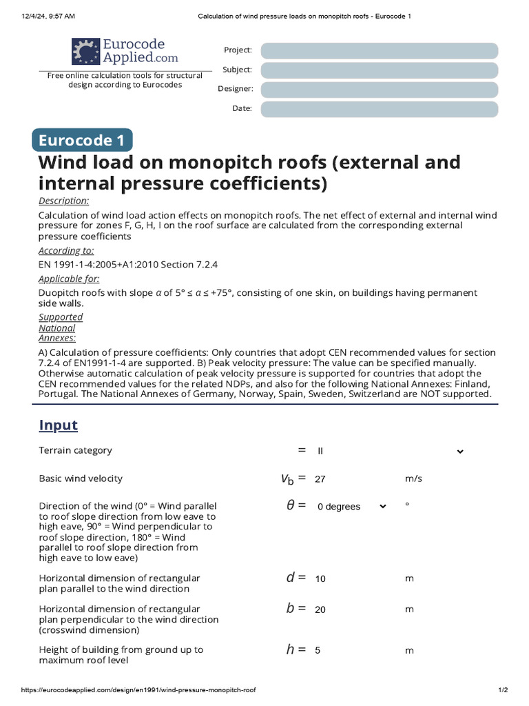 Calculation of wind pressure loads on monopitch roofs - Eurocode 1 ...