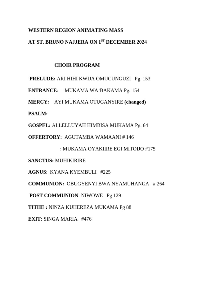 Western Region Animating Mass 1st. Dec.'24, Choir Program | PDF