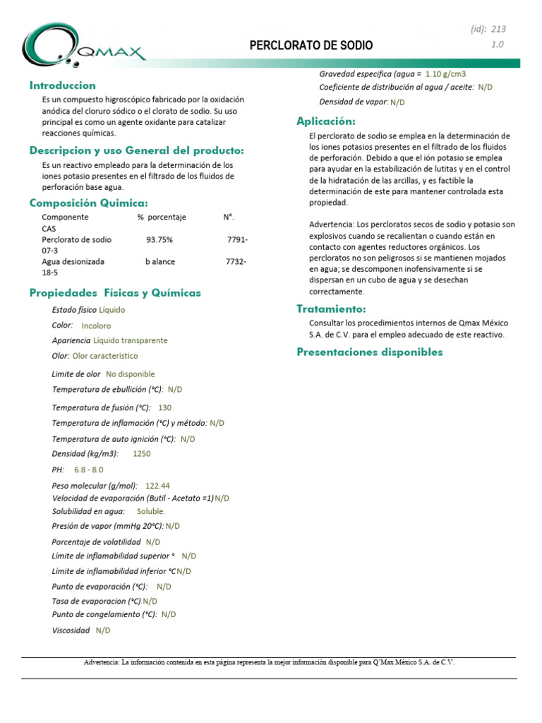 PERCLORATO DE SODIO - Ficha Tecnica | PDF | Agua | Potasio