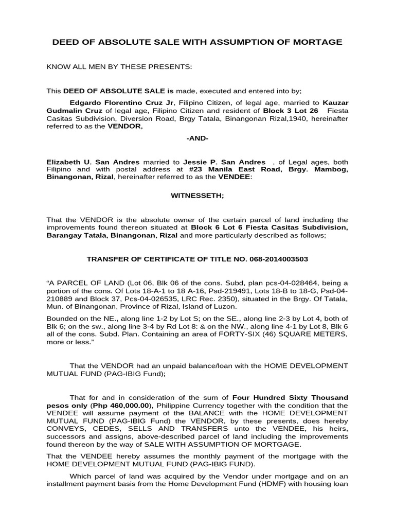Deed of Sale with Mortgage Assumption | PDF | Investment Banking | Loans