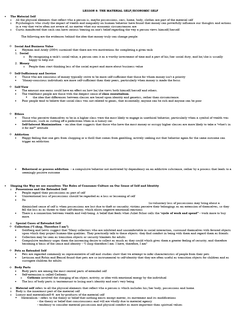 LESSON 8_MATERIAL SELF | PDF | Behavior | Self Concept