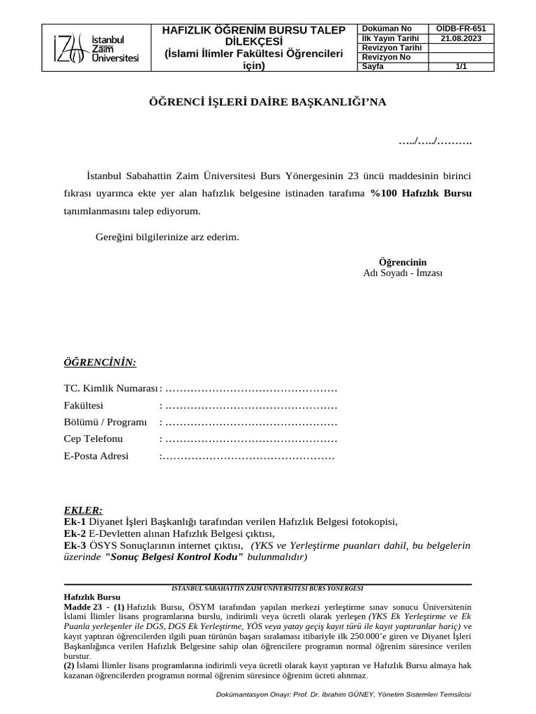 Oidb FR 651 Hafizlik Ogrenim Bursu Talep Dilekcesi | PDF