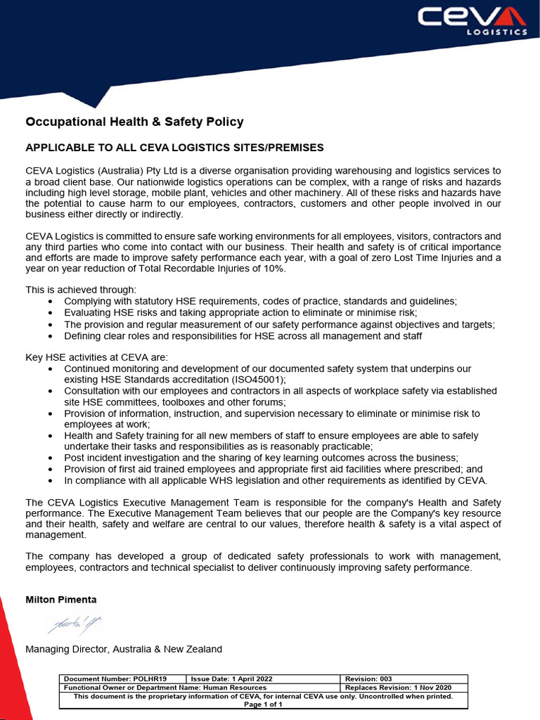 CEVA Logistics Occupational Health Policy | PDF | Occupational Safety ...