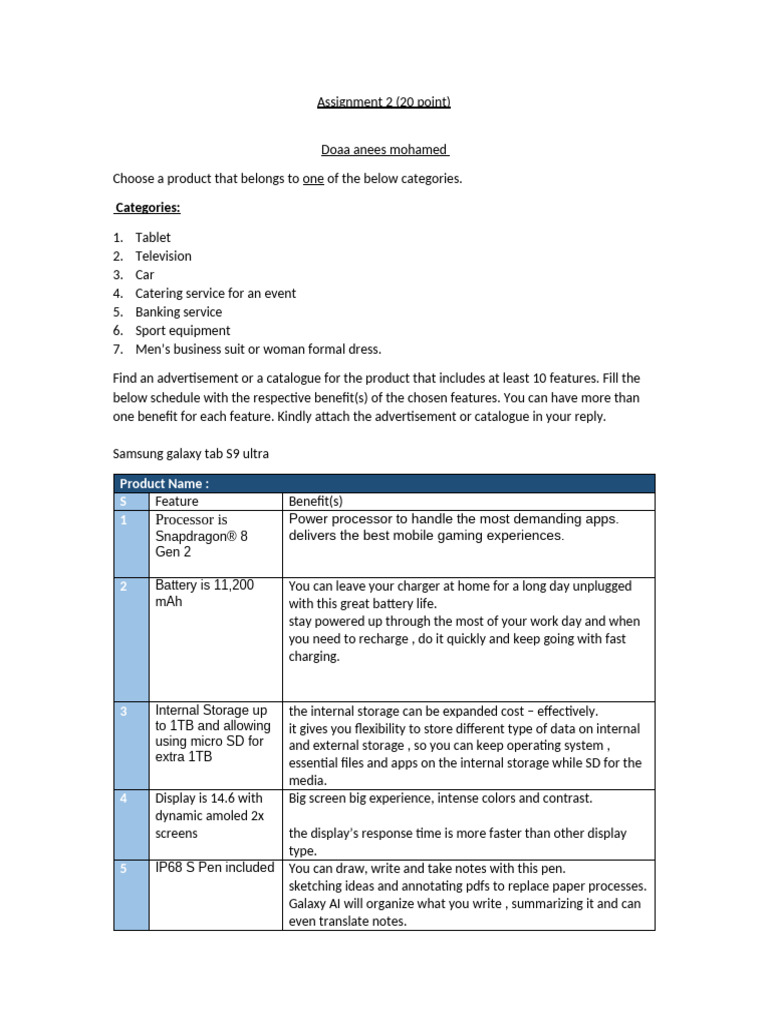 Feature Benefit Assignment | PDF | Tablet Computer | Battery Charger