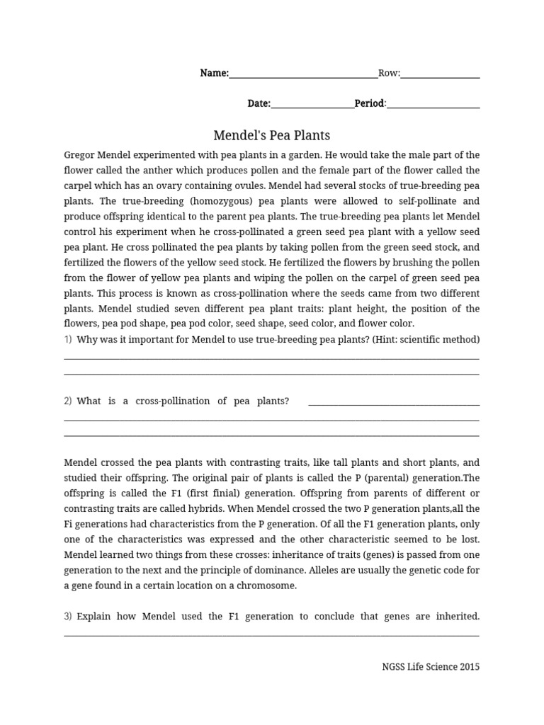 Mendel's Pea Plants Exercise | PDF | Dominance (Genetics) | Genotype