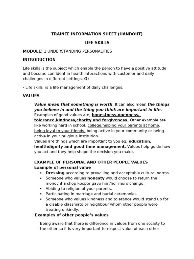 Life Skills: Building Self-Esteem and Values | PDF | Communication ...