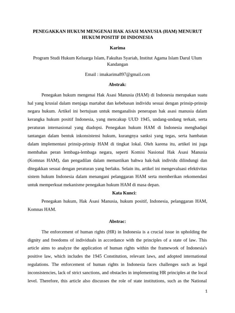 Penegakkan Hukum Mengenai Hak Asasi Manusia (Ham) Menurut Hukum Positif Di Indonesia, Karima | PDF
