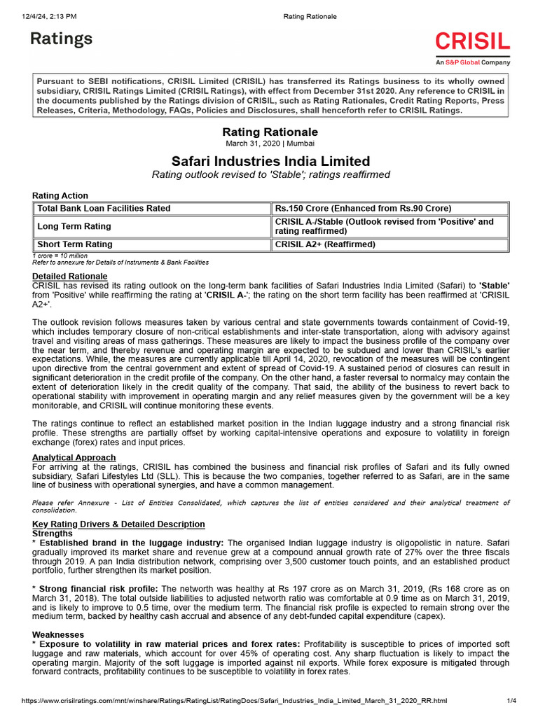 2020 March Rationale Crisil | PDF | Securities (Finance) | Financial Risk