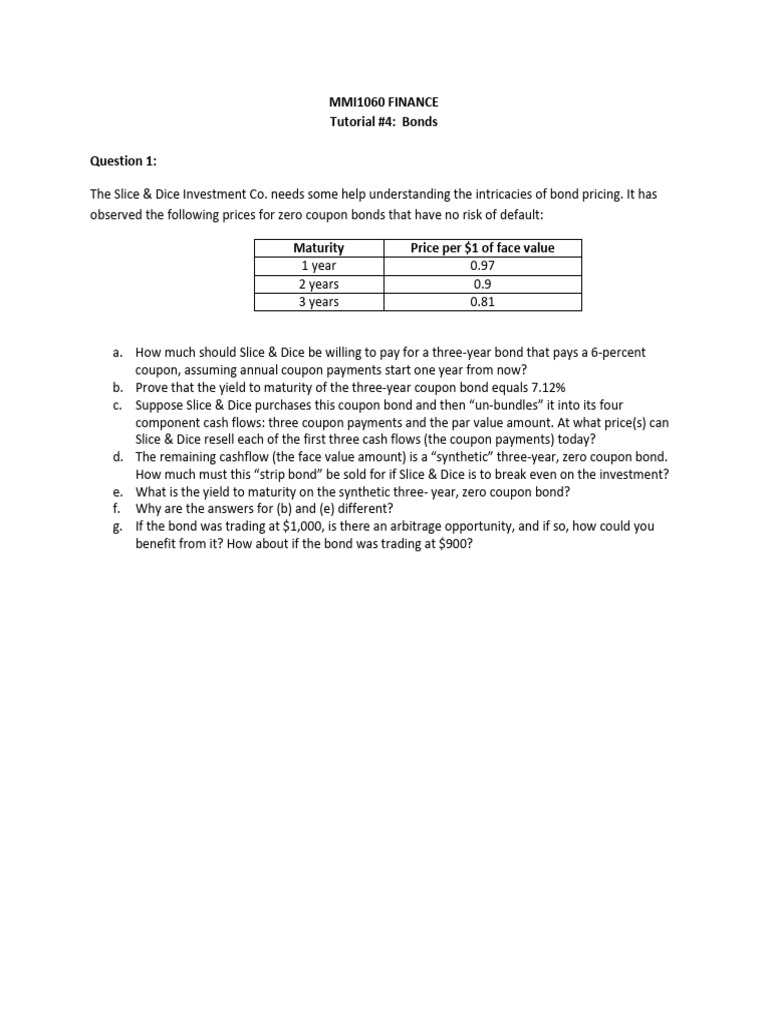 1060 F2022 Week 5 Tutorial 4 - Bonds - QUESTION | PDF