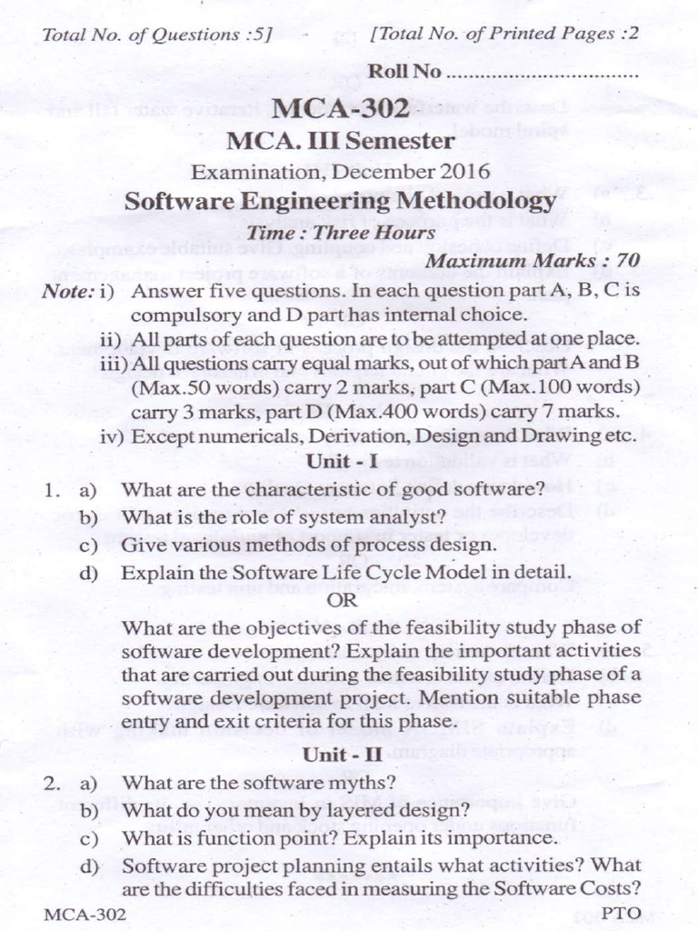 Mca-302 Software Engineering Methodology Dec 2016 | PDF