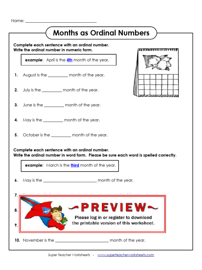 Ordinal Numbers for Months Worksheet | PDF