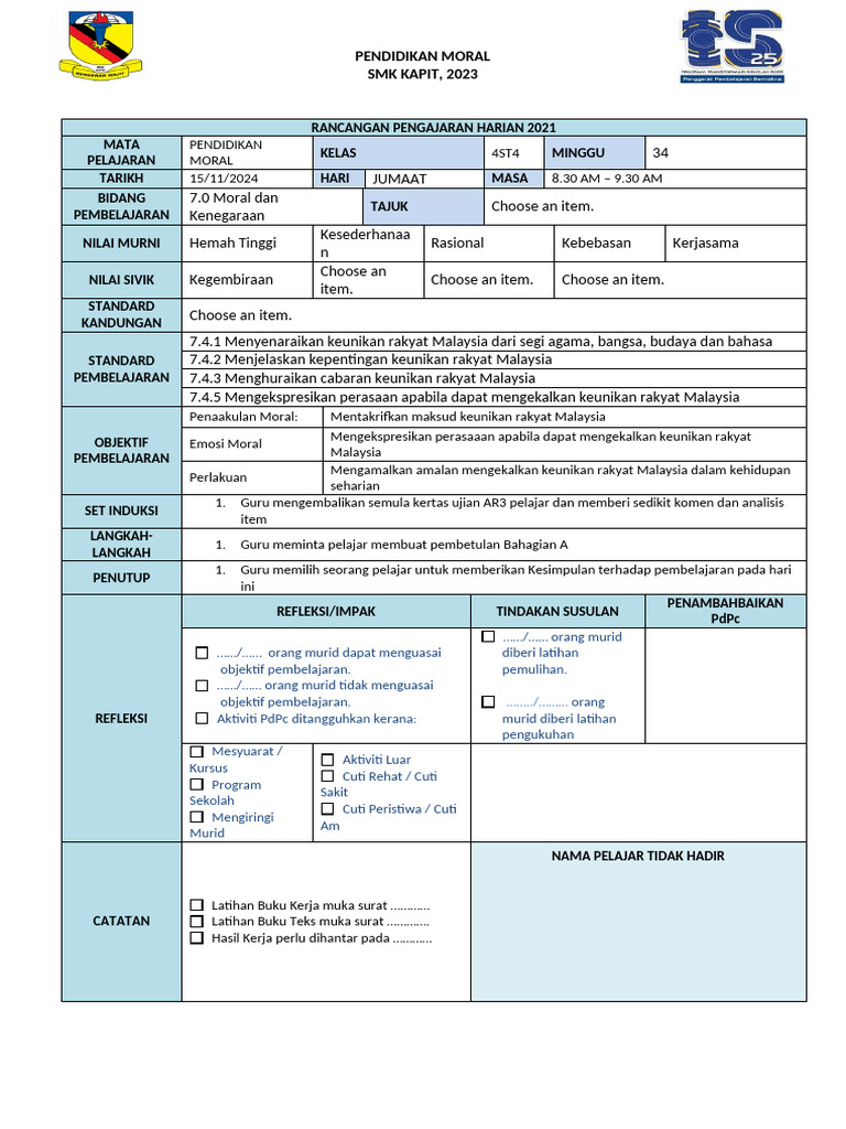 Pendidikan Moral SMK KAPIT, 2023 | PDF