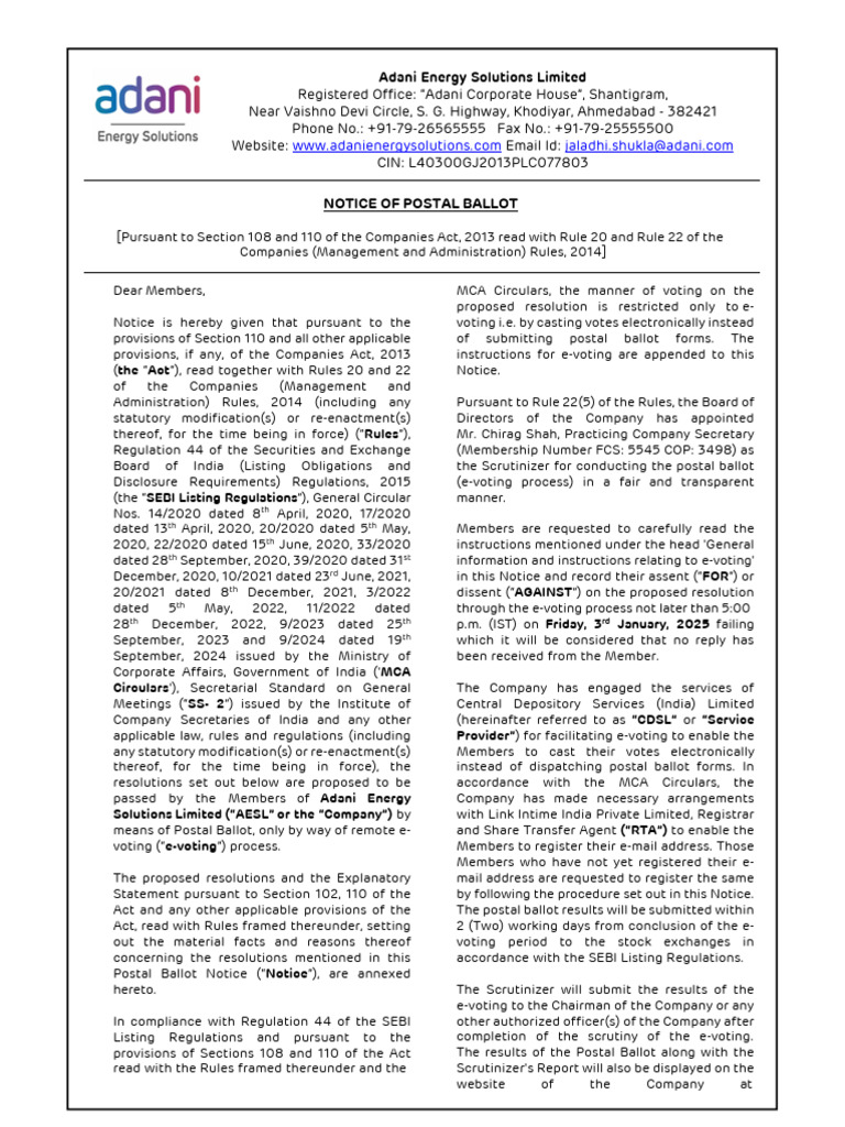 AESL Postal Ballot Notice | PDF | Electronic Voting | Login