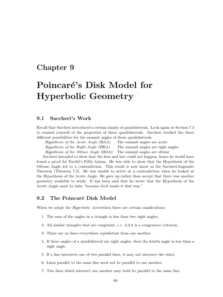 Poincaré's Disk Model for Visualizing Hyperbolic Geometry | PDF | Hyperbolic Geometry | Plane ...