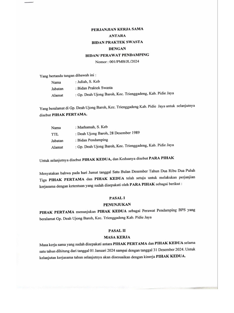 MOU bidan juliah dg bidan pendamping (1) | PDF