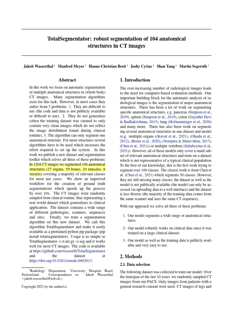 TotalSegmentator - Robust Segmentation of 104 Anatomical Structures in CT Images | PDF | Image ...