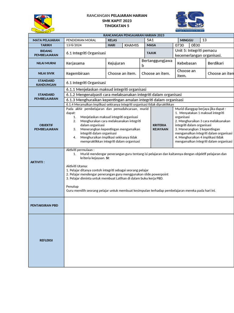 Pelajaran Harian SMK Kapit 2023 Tingkatan 5 | PDF