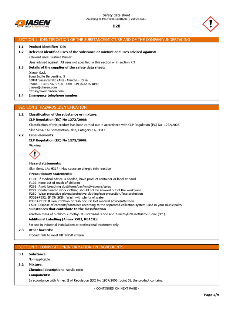 Diasen D20 Material Safety Datasheet - 1 - 14-02-2020 | PDF | Toxicity | Personal Protective ...