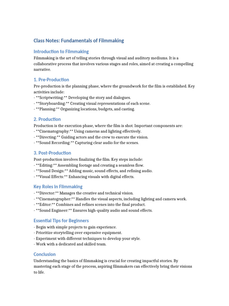Fundamentals of Filmmaking Class Notes | PDF