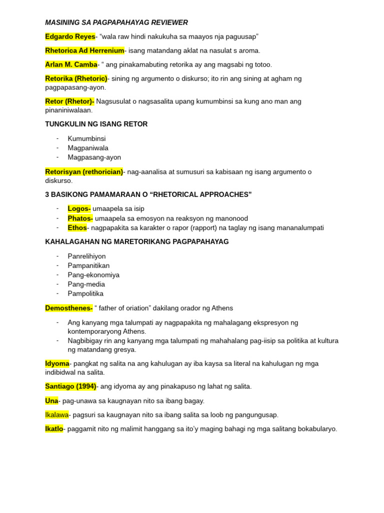 Masining Sa Pagpapahayag Reviewer 1 | PDF