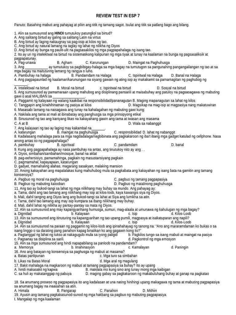 Review Test in Esp 7 4thqt | PDF