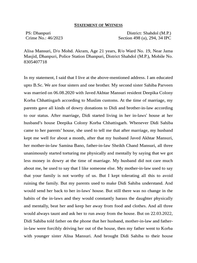 Witness Statement on Domestic Abuse Case | PDF | Human Rights | Social ...