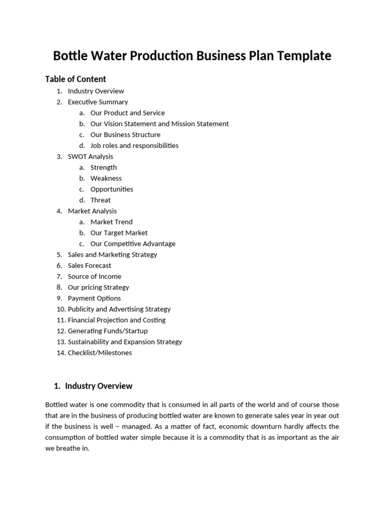 A Sample Bottled Water Production Business Plan Template | PDF ...