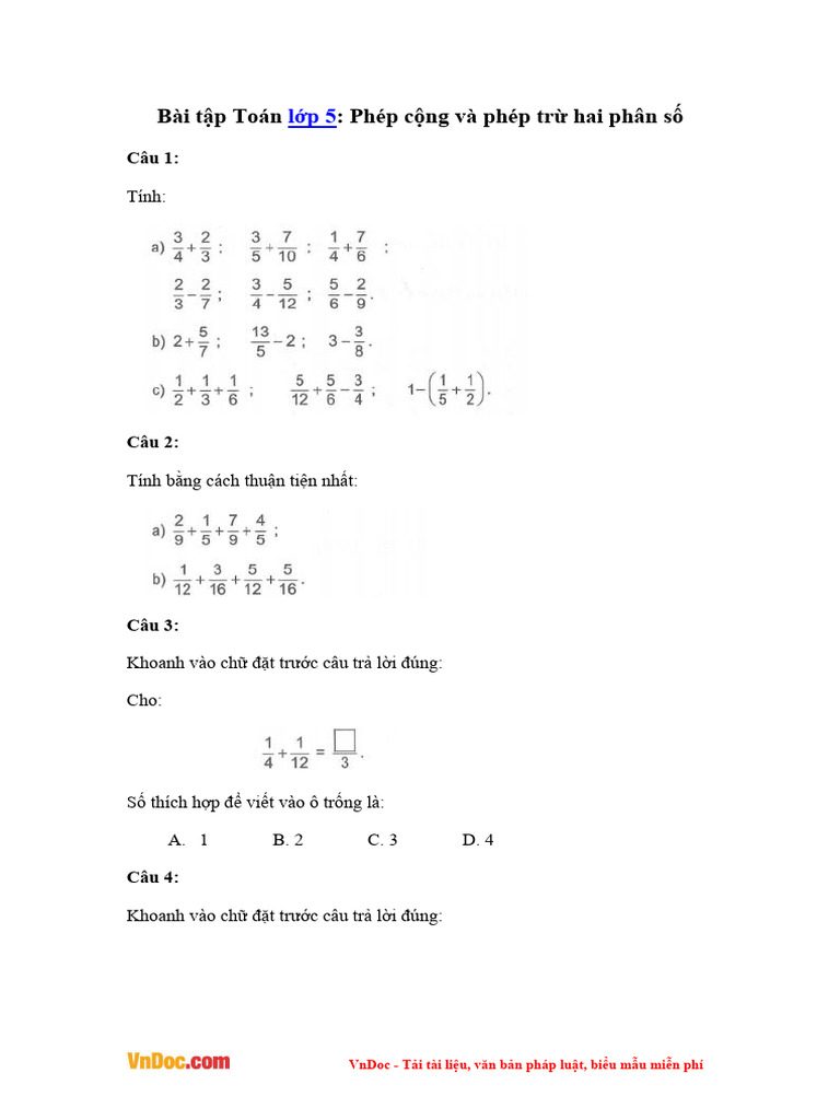 BT Toan Lop 5 Phep Cong Va Phep Tru Hai Phan So | PDF