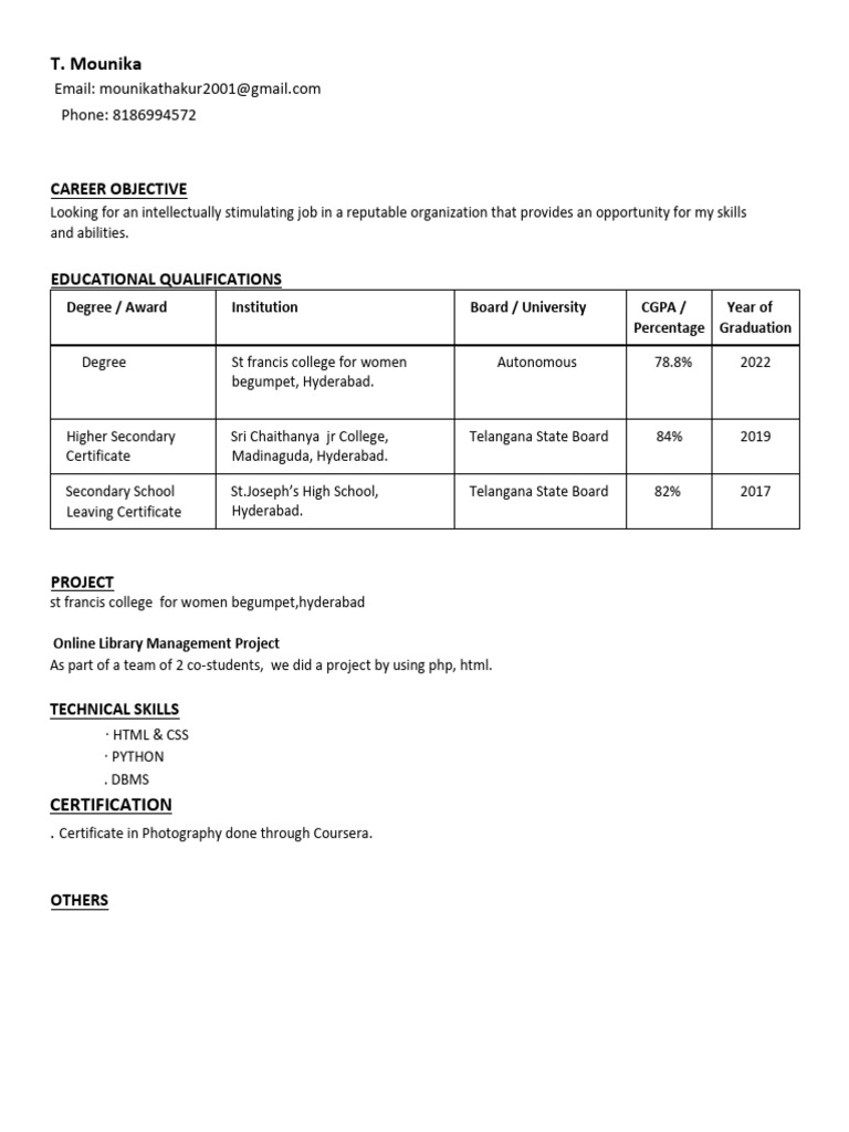 T. Mounika: Career Objective | PDF