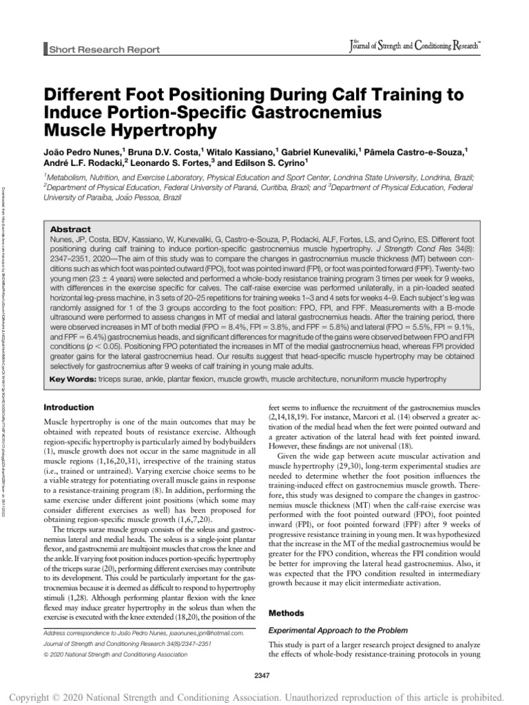 035 Nunes Et Al. 2020 JSCR - Foot Positoning and Calf Hypertrophy | PDF ...
