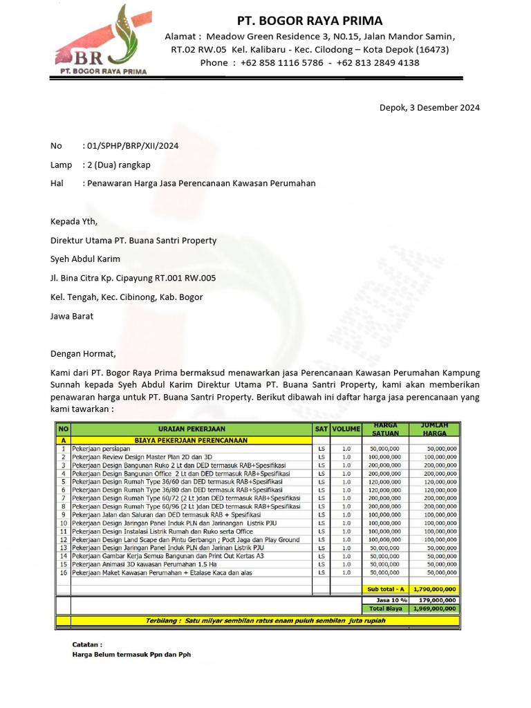 Surat Penawaran Harga Jasa Perencanaan Perumahan Sunnah Cibinong | PDF