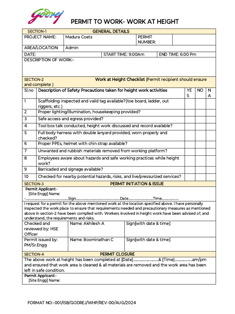 Height Work Permit | PDF | Labor Relations | Safety