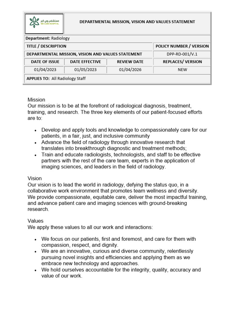 Departmental Mission, Vision and Values Statement | PDF | Radiology ...
