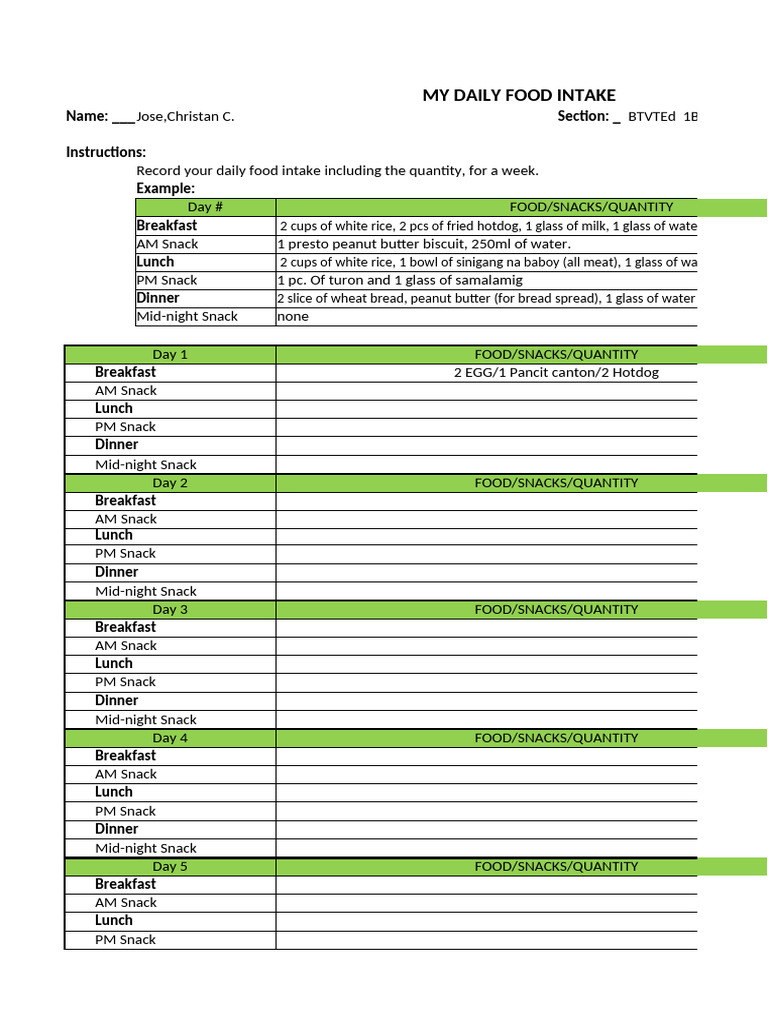 Daily Food Intake August 21 Oct 1 Project Midterm Pathfit 1 ...