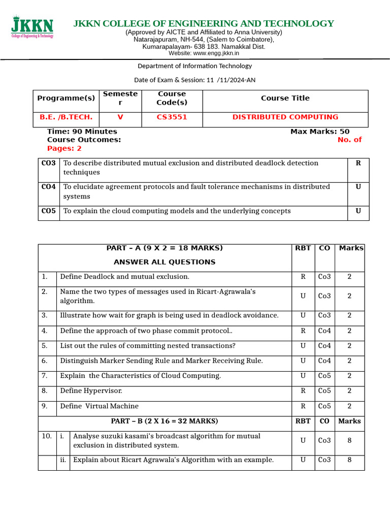 Iat 2 (It) Qp Cs3551 Dc | PDF | Distributed Computing | Computing