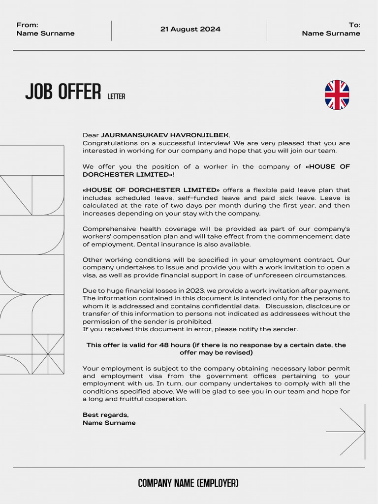 JOB OFFER DRACO | PDF | Employment | Travel Visa