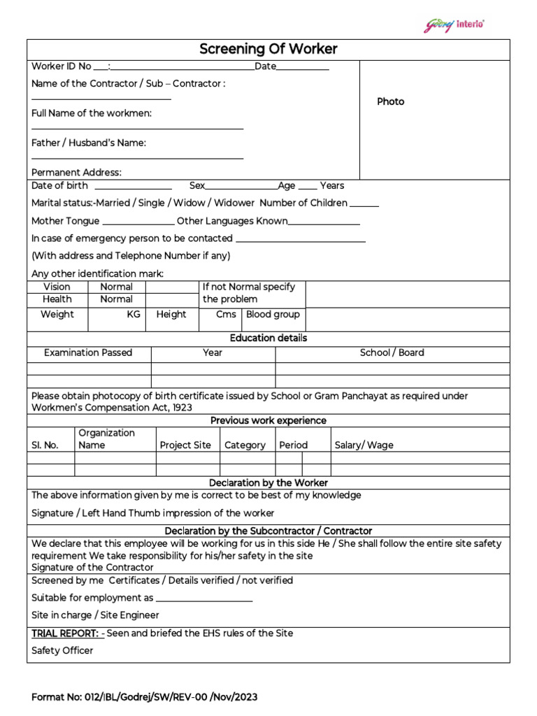 Worker Screening and Health Assessment Form | PDF