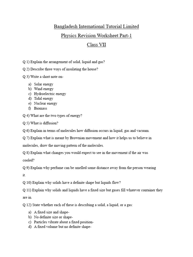 Revision Worksheet Class 7 | PDF | Gases | Liquids