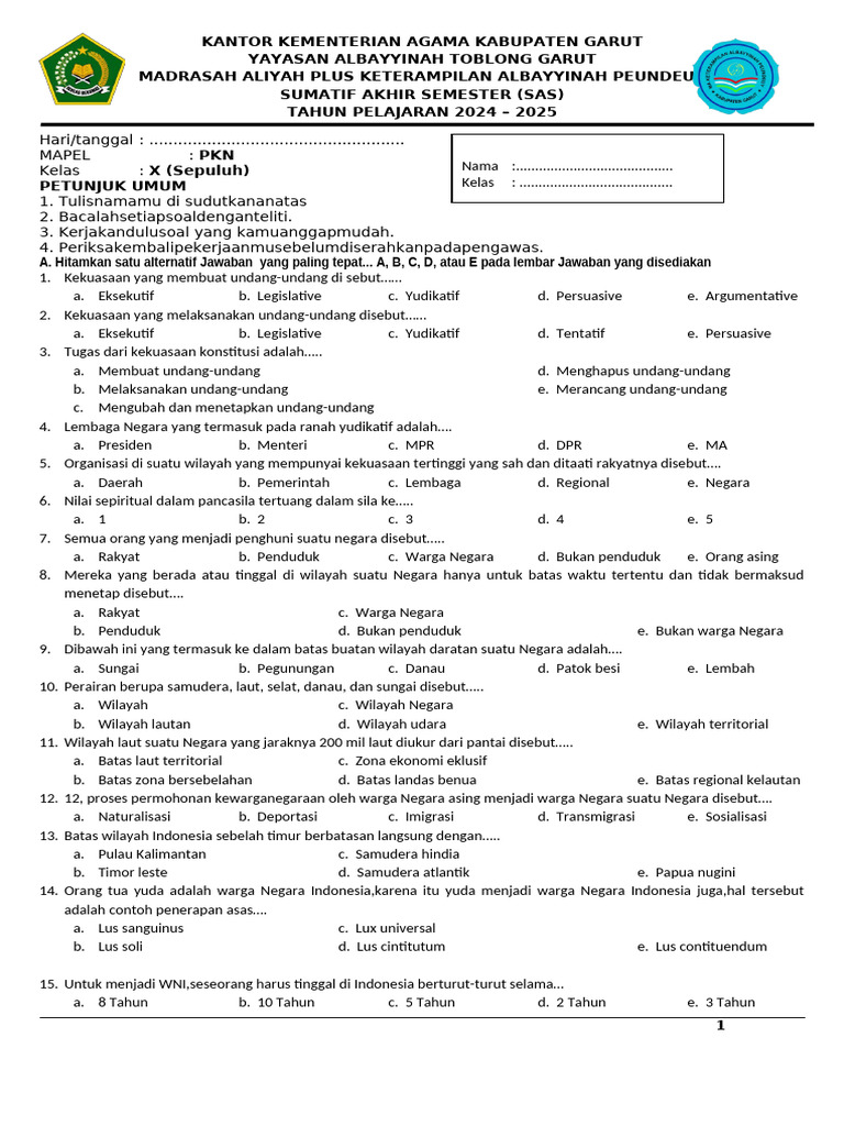 SOAL PKN KLS 10 OK | PDF