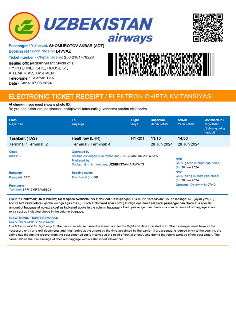 BP - Uzb - Airways - SHOMUROTOV AKBAR | PDF | Transport