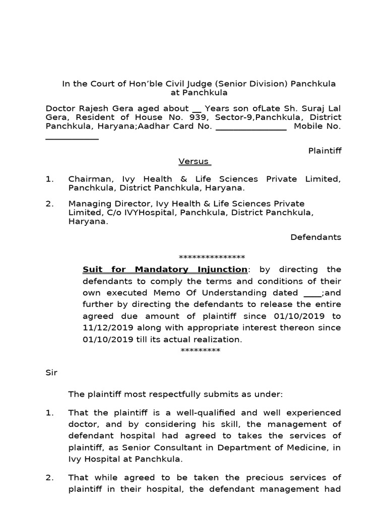 Rajesh Gera VS, Ivy Hospital Panchkula Civil Suit Mandatory Injunction ...