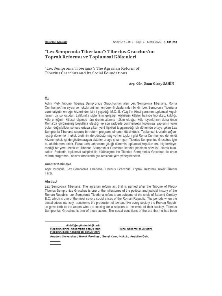 Lex Sempronia Tiberiana Tiberius Gracchus Un Toprak Reformu Ve Toplumsal K Kenleri[#793894 ...
