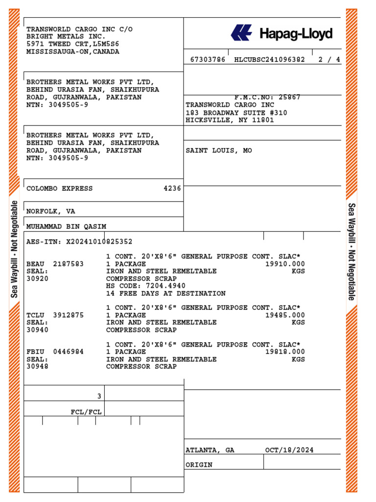 Cargo 5872 Sea Waybill Details | PDF | Cargo | Freight Transport