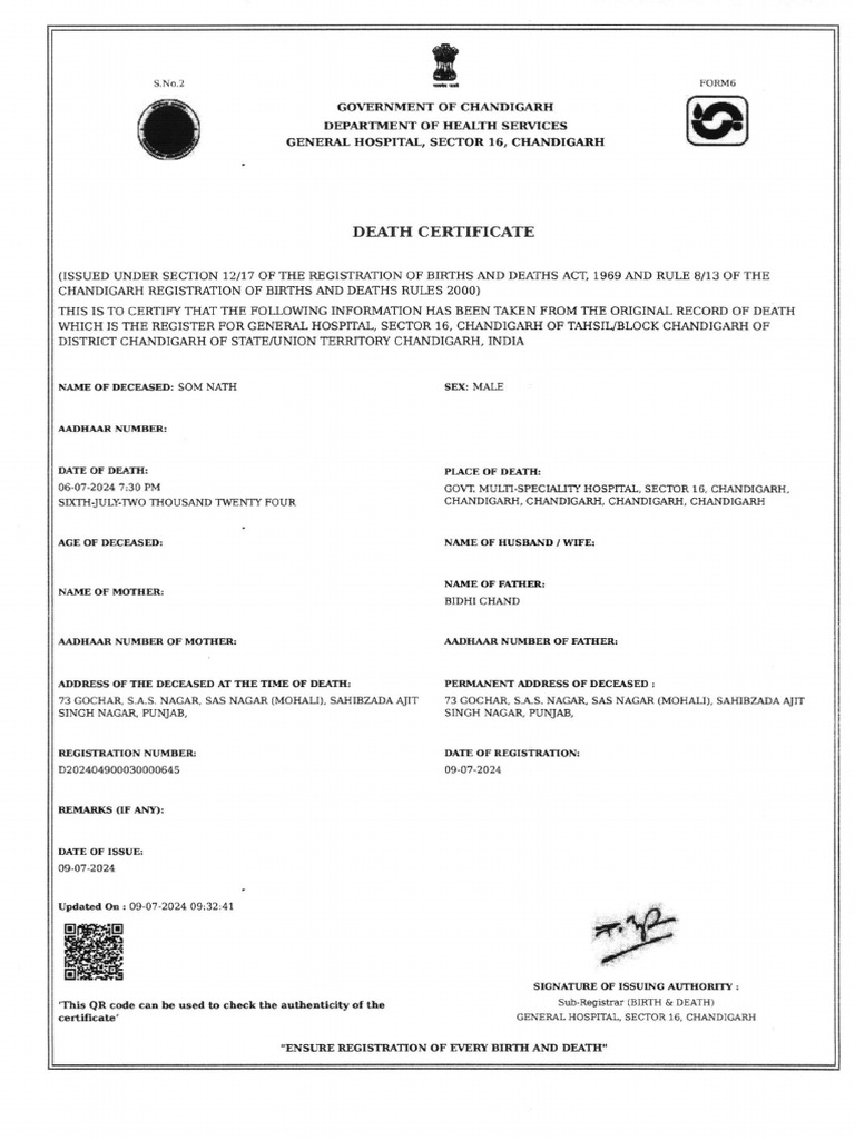 Somnath, HH Death Certificate - 001 | PDF