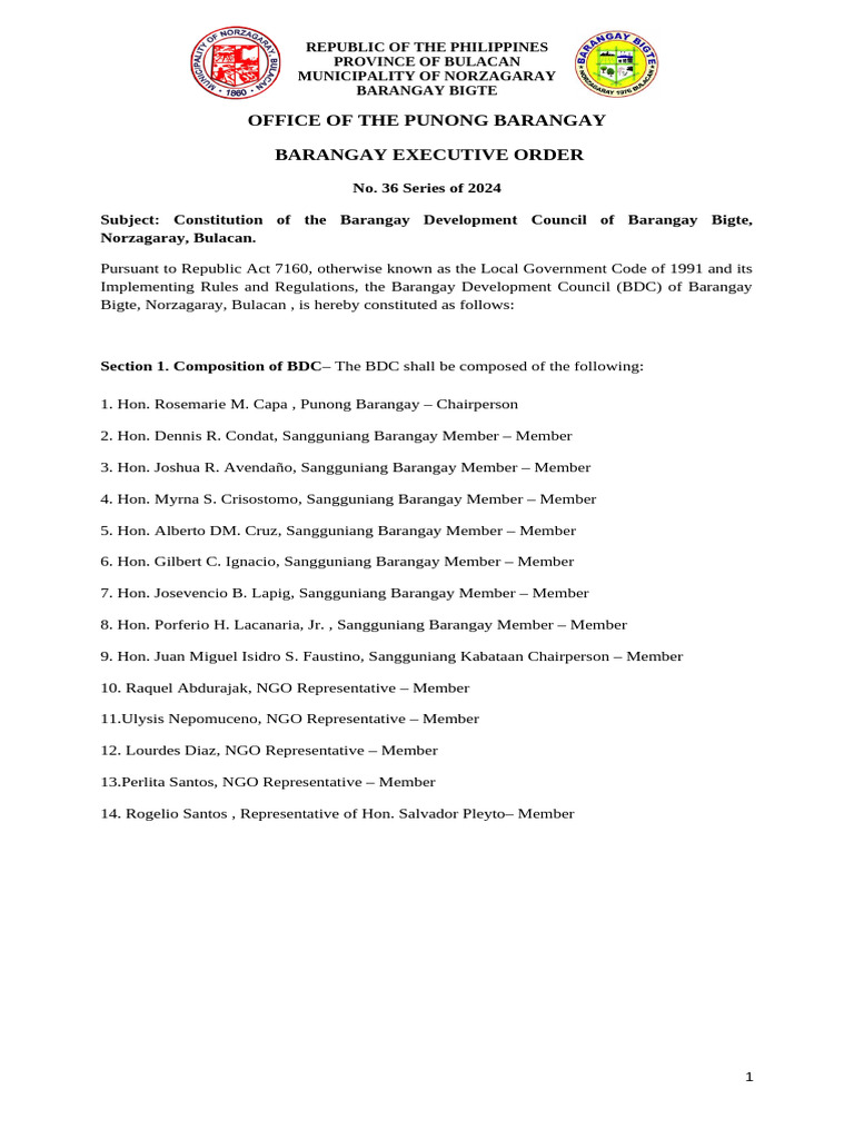 Barangay Bigte Development Council Order | PDF