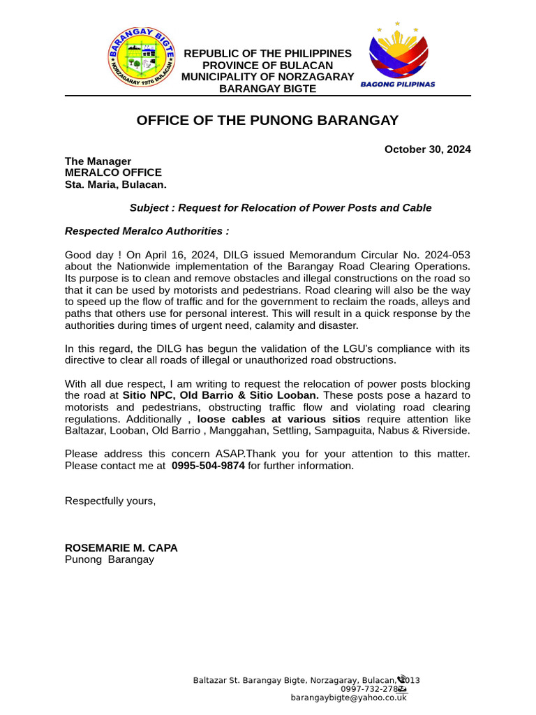 Request for Meralco Post Relocation | PDF