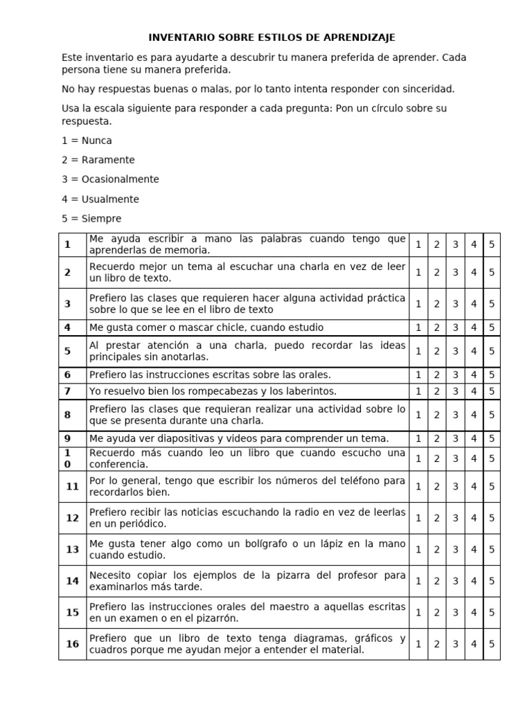 INVENTARIO SOBRE ESTILOS DE APRENDIZAJE | PDF