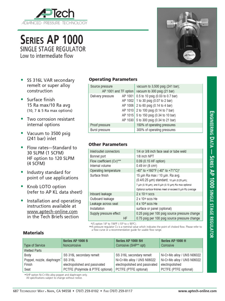 Series AP 1000 Regulator Specifications | PDF | Materials | Mechanical ...