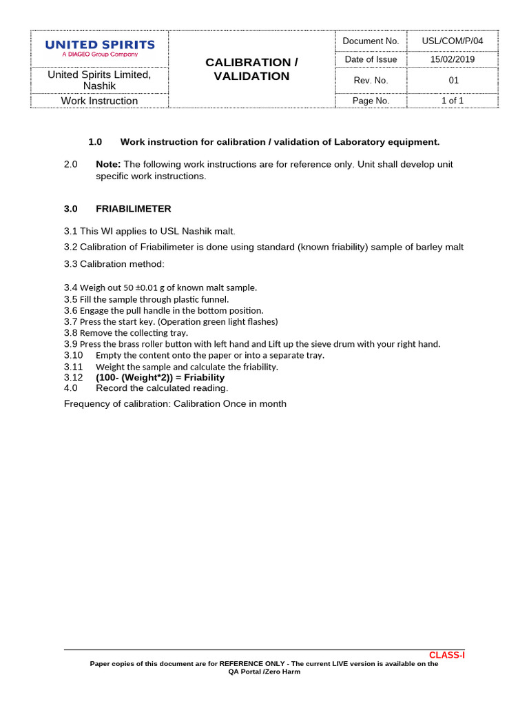 Friability - Calibration Work Instruction | PDF