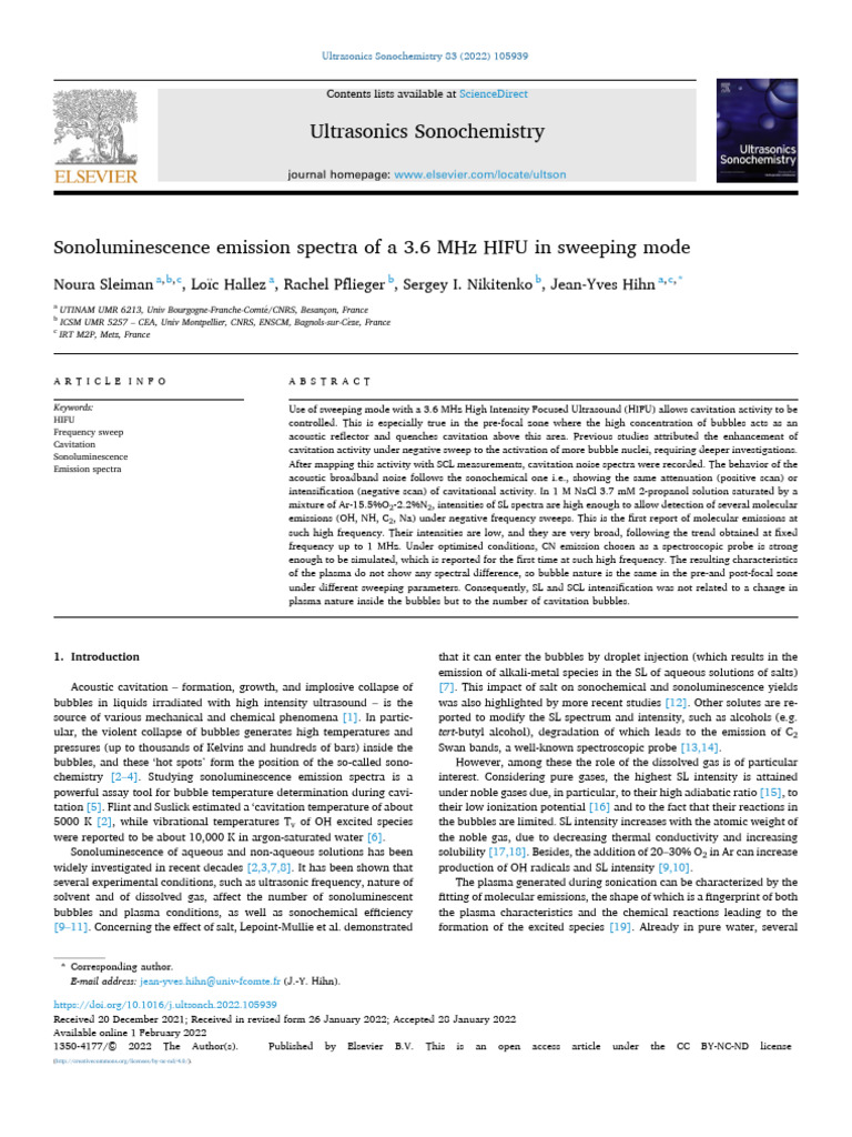 Sonoluminescence emission spectra of a 3.6 MHz HIFU in sweeping mode | PDF | Ultrasound | Chemistry